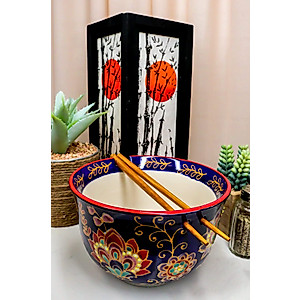 Ebros Midnight Purple Mandala Purple Floral Blossoms Ramen Udon Noodles Large 6.25"D Soup Bowl With Bamboo Chopsticks And Built In Rest Set for Asian Dining Rice Meal Bowls Decor Kitchen