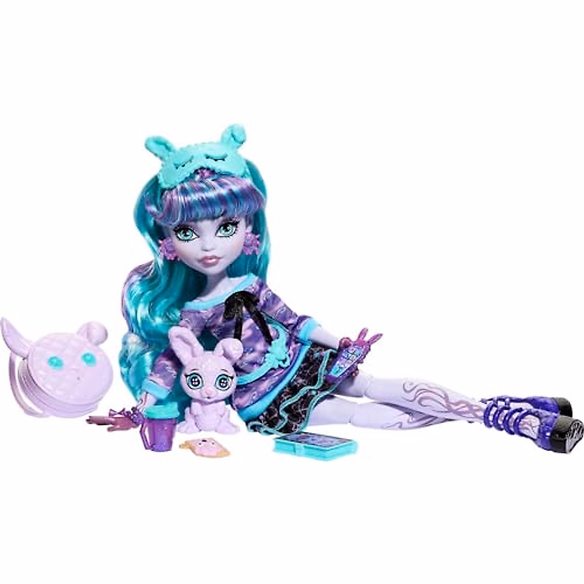 Monster High Creepover Party Doll, Twyla with Pet Bunny Dustin, Sleepover Clothes & Accessories like Hoodie, Book & Backpack