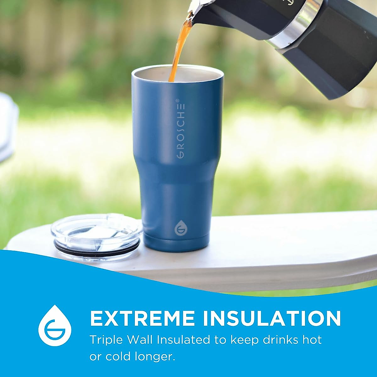 GROSCHE Yukon 30 oz Insulated Coffee Mug with Lid - Durable Travel Mug, Stainless Steel Tumblers, Vacuum Insulated Coffee Tumbler for Hot or Cold Beverages - BLUE