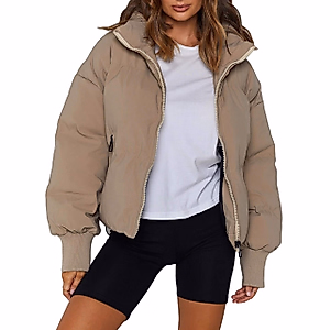 UANEO Puffer Jacket Womens Oversized Cropped Puffy Quilted Winter Jackets Coat (Khaki-S)