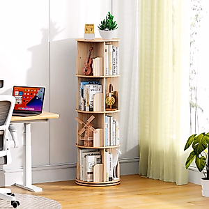 Kinembold 4 Tier Rotating Bookshelf, Floor Standing Spinning Bookshelf Tower for Kids, 360 Display Revolving Corner Bookcase for Small Space, Round Book Shelf Organizer for Bedroom, Living Room