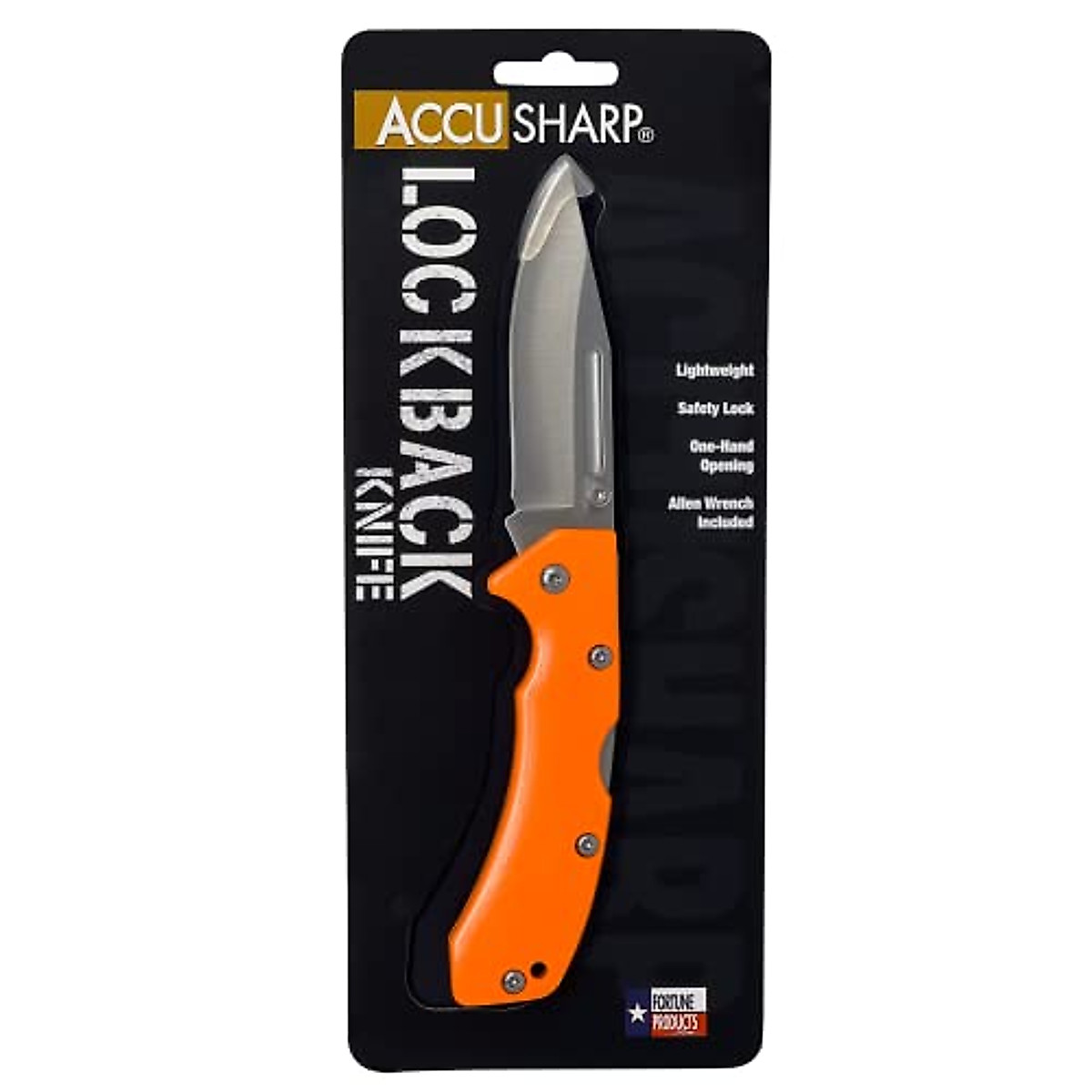 ACCUSHARP Folding Knife with Allen Wrench - Lockback Pocket Knife with Clip - Stainless Steel Sport Knife for Outdoor Use, Hunting, Fishing, & Camping - Orange
