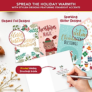 Decorably 100 Pack Foiled & Glittery Christmas Cards with Envelopes & Stickers, 20 Designs Printed Message Inside Christmas Cards Bulk, 4x6in Merry Christmas Card, Boxed Christmas Cards with Envelopes