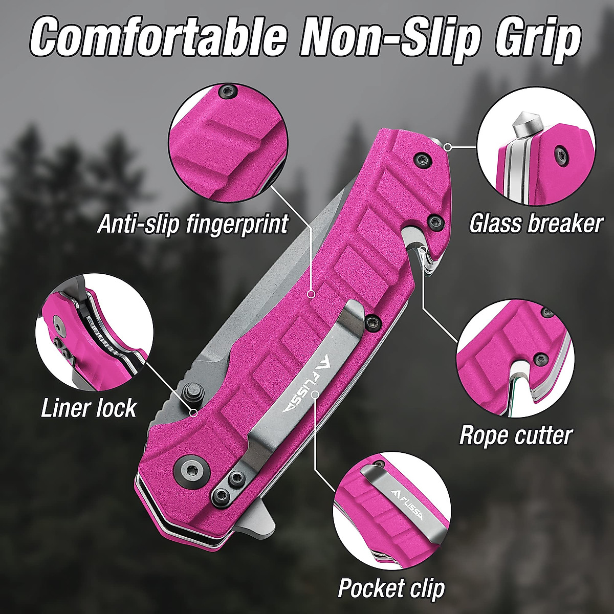FLISSA Folding Pocket Knife, Tactical Knife with Liner Lock, Tanto Blade, Pocket Clip, Glass Breaker, Seatbelt Cutter, Perfect for Hunting, Camping, Survival (Pink)