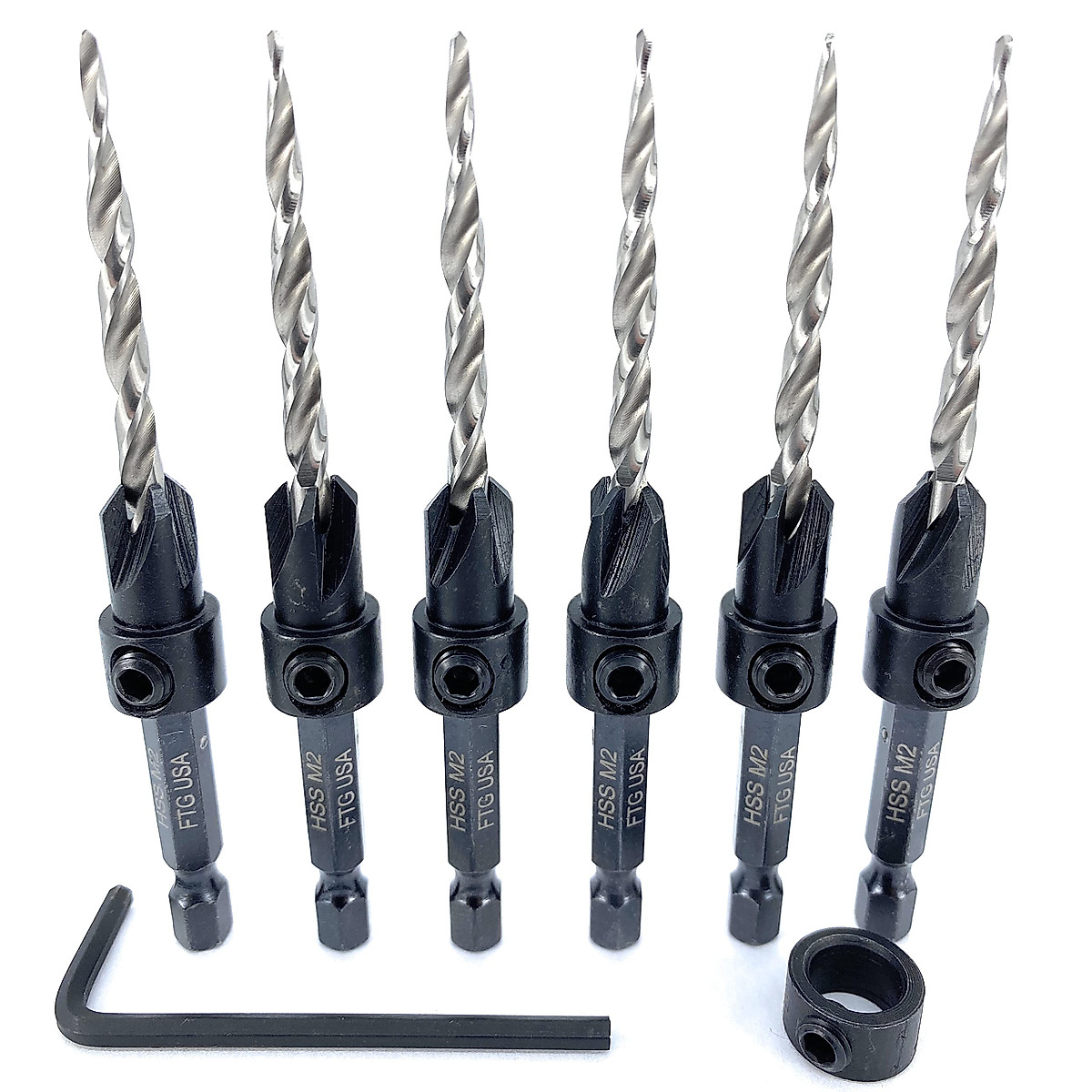 FTG USA Countersink Drill Bit Set 6 Pc #8 (11/64") with 12 Pc Replacement Countersink Drill Bit #8 (11/64") Pro Pack Countersink Set, Tapered Countersink Bit, 1 Stop Collar, Hex Wrench,