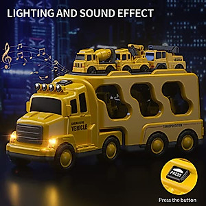 TEMI Construction Truck Toys Cars for Toddlers 3-5 - 7-in-1 Friction Power Vehicle Toy for 3 4 5 6 Year Old Boys, Carrier Transport Trucks for Kids 3-5 Years, Car Toys Set for Age 3-9 Boys & Girls