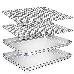 P&P CHEF Baking Sheets and Racks Set (2 Pans + 2 Racks), Stainless Steel Baking Sheet Oven Tray and Cooling Grid Rack for Cookies Meats, Size 16 x 12 x 1 Inch, Oven & Dishwasher Safe