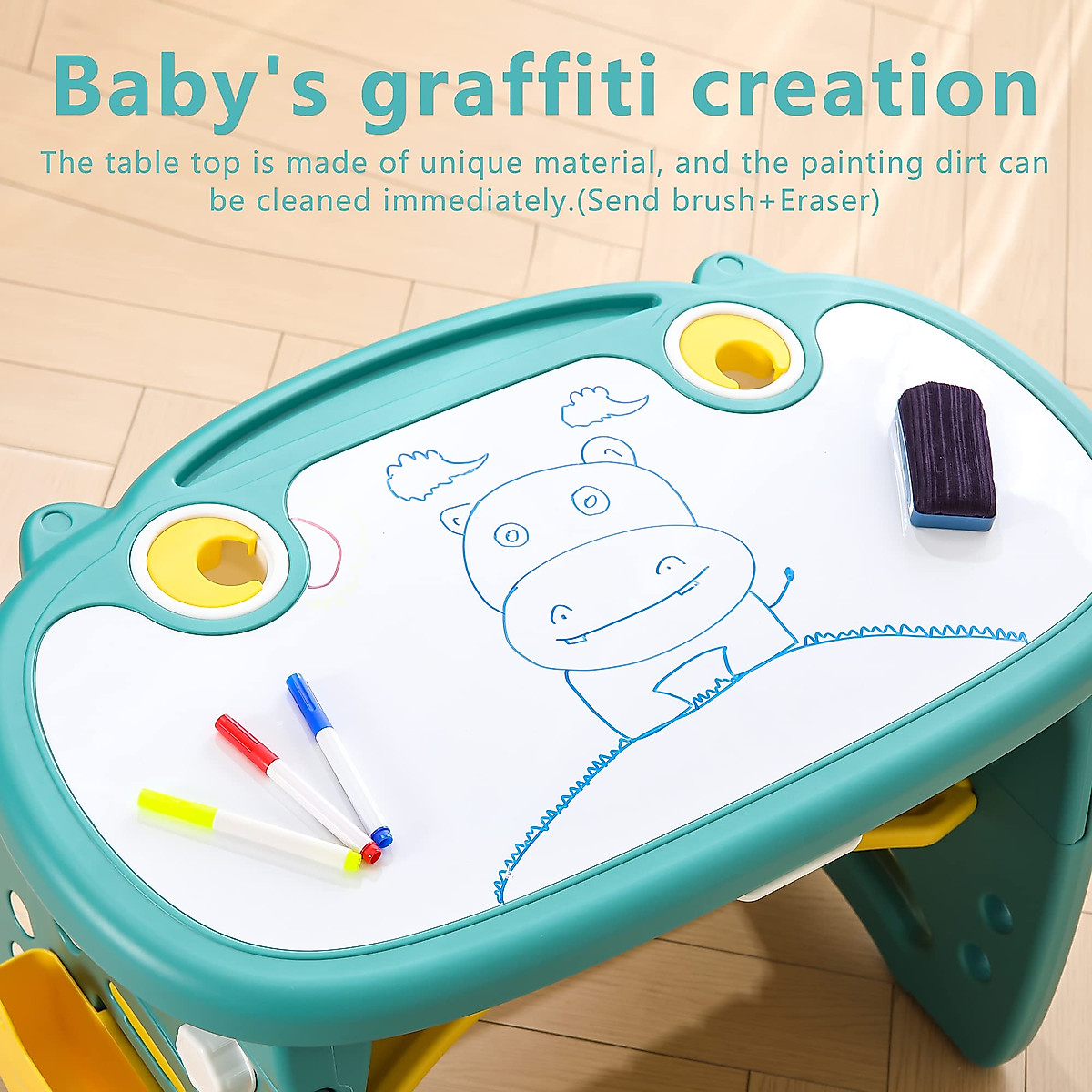 WHY TOYS Kids Table and Chair Set The Table Can Be Graffiti and The Height Can Be Raised and Lowered for Children Age 2-10 The Order Includes Watercolor Pen and Blackboard Eraser