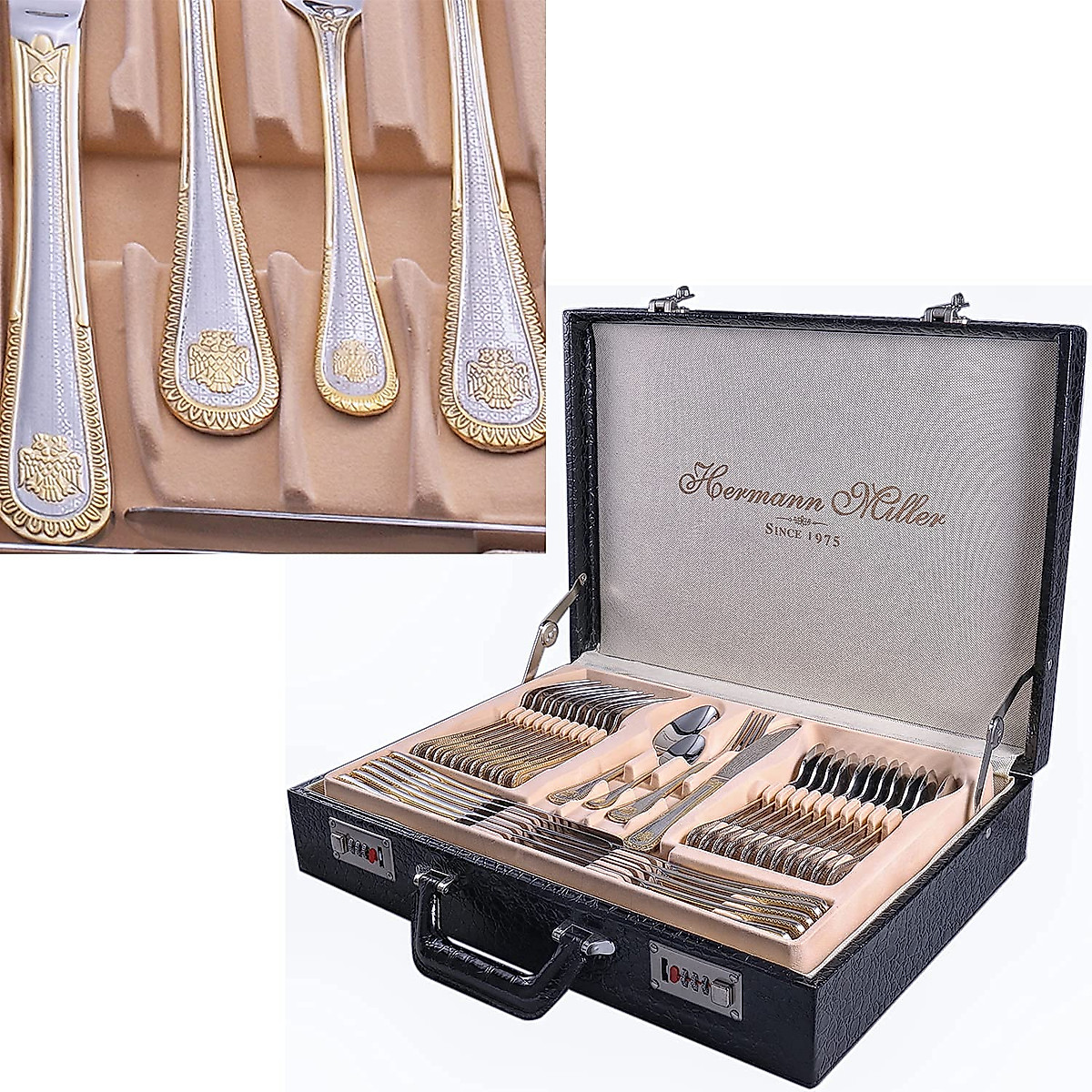 Hermann Miller Royal Family Collection 72 Piece Fine Flatware Silverware Set with Gift Carrying Case, Elegant Design, Serves Parties 12 people, Perfect Housewarming Graduation for Loved Ones, Gold