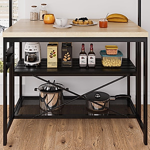 47" Large Kitchen Island Table Bakers Rack with Power Outlet and 3-Tier Storage-Microwave Stand Oven Shelf, Metal Coffee Bar Table ,Kitchen Storage Shelf for Dining Living Room, 5 Hooks，47"*28"*72"