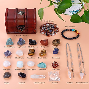 24Pcs Crystals and Healing Stones Set Include 14 Healing Chakra Stones, Natural Quartz Pendulum, Spiritual Crystal Necklace, Gift Wooden Box for Meditation, Yoga, Collection, Girlfriend, Lady