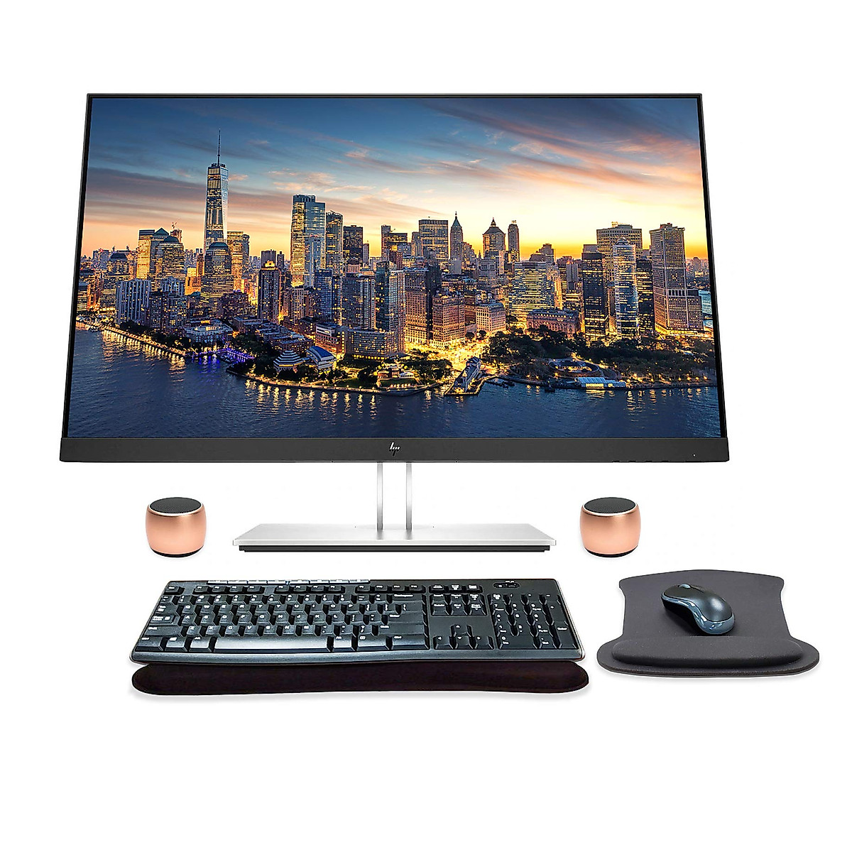 HP EliteDisplay E27q G4 27 Inch QHD IPS Office Monitor Bundle with HDMI, Blue Light Filter, Bluetooth Magnetic Pro Travel Friendly Speakers, MK270 Wireless Keyboard and Mouse, and Gel Pads