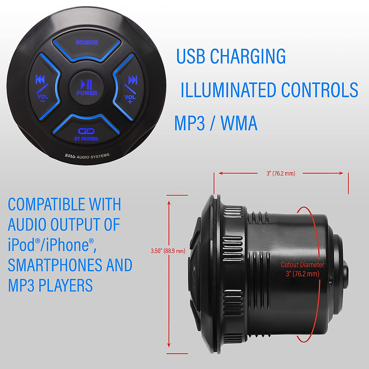 BOSS Audio Systems MGR250B Bluetooth Marine Radio Gauge Receiver, Built-in Amplifier, IPX6-Rated, USB Port + USB Charging