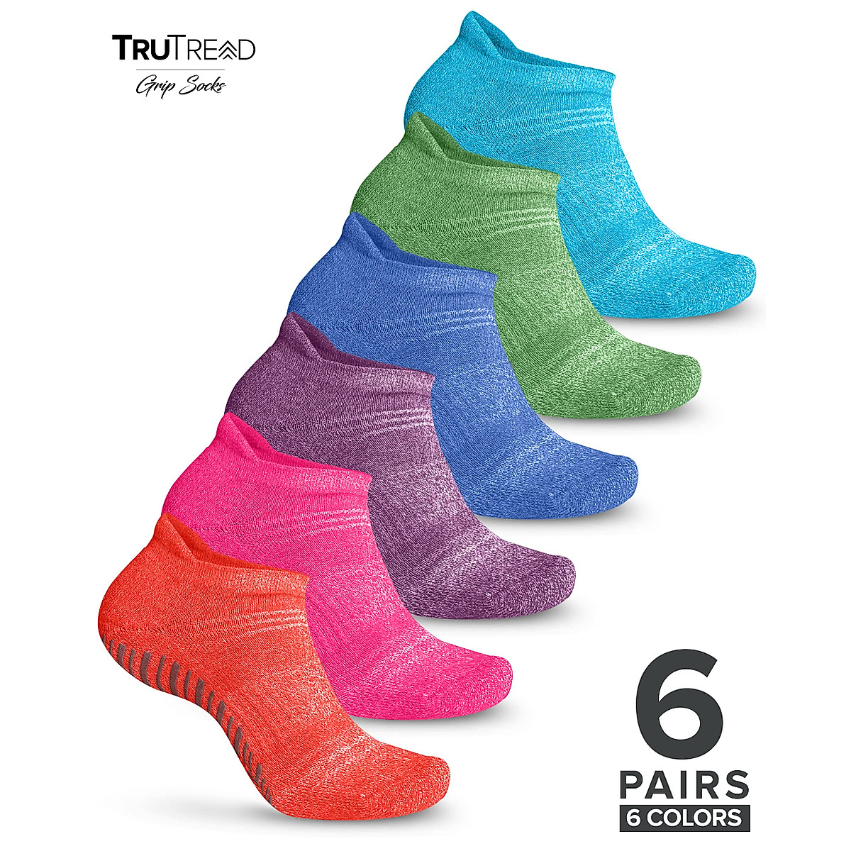 TruTread Pilates Socks with Grips for Women and Men - 6 Pairs Yoga Socks for Women | Yoga Socks for Men | Pure Barre Socks