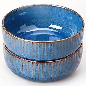 2 Pcs Large Soup Bowls 66 Oz, 8" Salad Bowl, Porcelain Round Serving Bowl Blue Decorative Bowl for Salad, Chip, Cereal, Fruits and Pasta