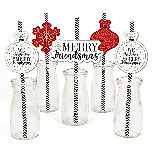 Big Dot of Happiness Red and Gold Friendsmas - Paper Straw Decor - Friends Christmas Party Striped Decorative Straws - Set of 24