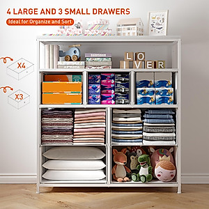 EnHomee White Dresser, Dresser for Bedroom with 7 Storage Drawers, Cute Dresser & Fabric Dresser for Bedroom, Bedroom Dresser with Wood Top and Metal Frame, Closet Dresser for Living Room