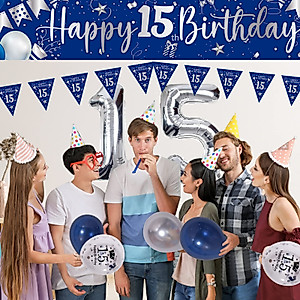 15th Birthday Decorations for Boys and Girls Blue, Happy 15th Birthday Backdrop Banner Balloons 15 Years Old Party Supplies with HAPPY BIRTHDAY Banner Silver 15 Birthday Decor 15th Bday Women Her Him