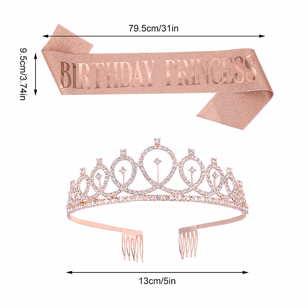 Rosavida 2-piece suit BIRTHDAY PRINCESS Sash and Rhinestone Tiara Kit Birthday Gifts Glitter Sash and Birthday Crowns for Women Girl Party Decoration (Rosegold)