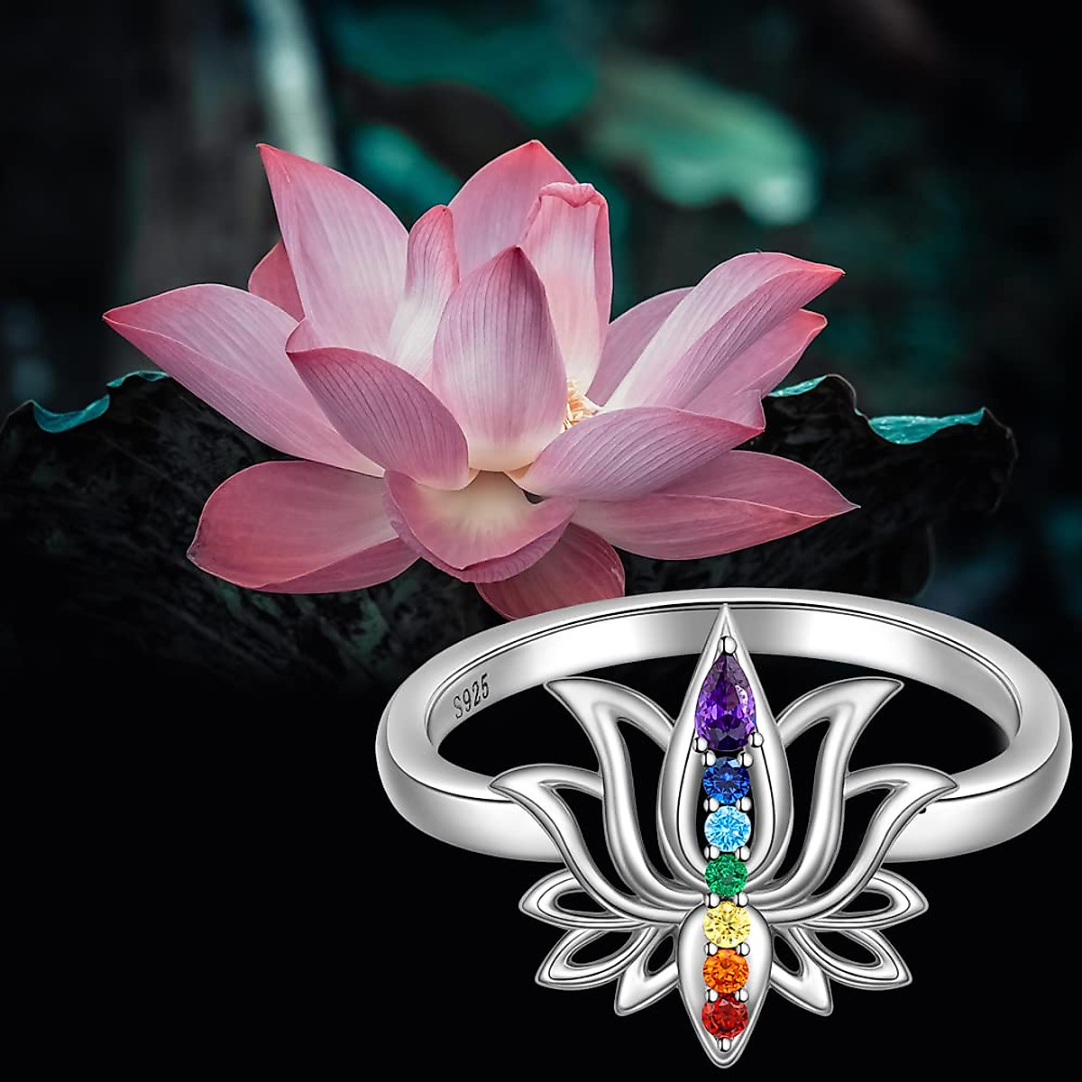 Jewlikee Lotus Ring 7 Chakra Rings for Women Sterling Silver Lotus Flower Yoga Energy Balance Chakras Jewelry Meditation Anxiety Relief Size 7