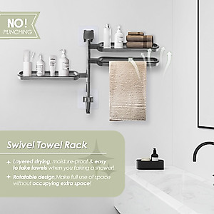 Pysrych No Drill Swivel Towel Rack Wall Mounted 3-Arm Towel Bar ABS Self-adhesive Towel Holder with Hook for Bathroom Shower Kitchen Grey