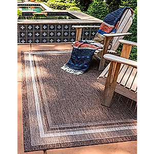 Unique Loom Outdoor Border Collection Area Rug - Soft Border (9' x 12' Rectangle, Brown/ Ivory)