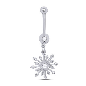 AFFY Round Shape Sparkling White Cubic Zirconia Snowflake Belly Button Navel Ring in 14K White Gold Over Sterling Silver