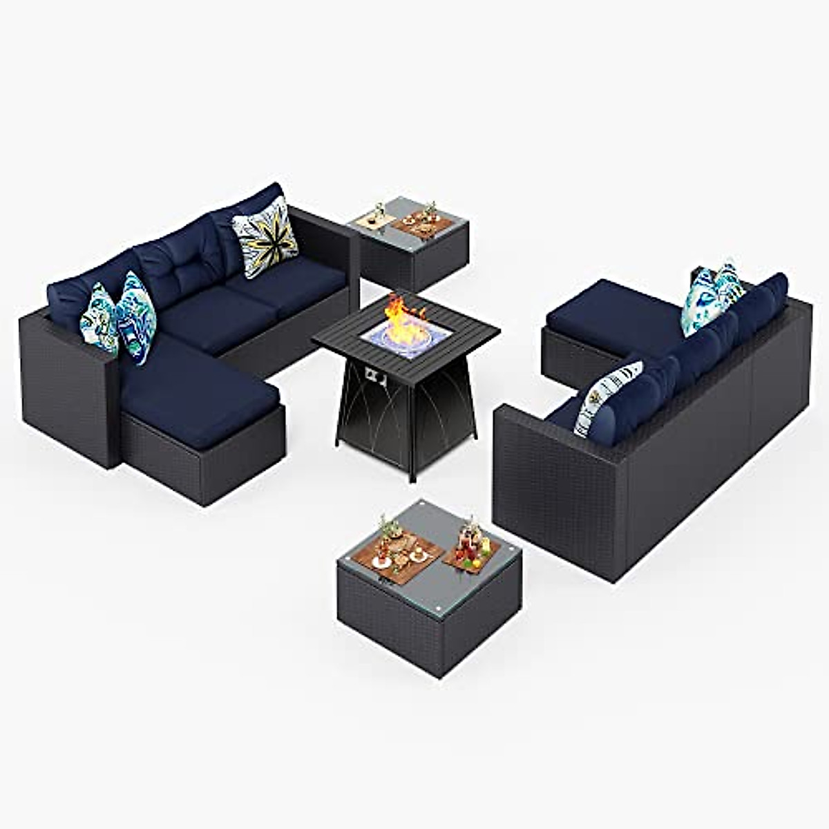 Sophia & William Patio Furniture Sectional Sofa with Gas Fire Pit Table All-Weather Wicker Rattan Outdoor Conversation Sets W/Coffee Table, CSA Approved 28-Inch 50,000BTU Propane Fire Pit (Navy Blue)