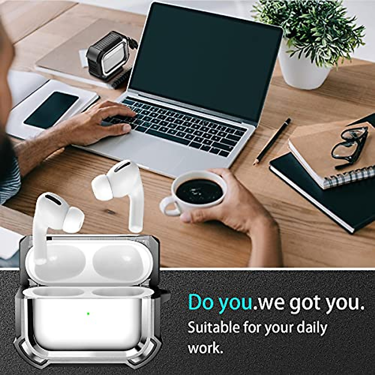 Dexnor Compatible with Airpods Pro (2019) Case Clear Hard PC & Hard Shell Protective Cover [LED Visible] [Supports Wireless Charging] 360 Full Body Skin with Keychain for Men Boys - Black