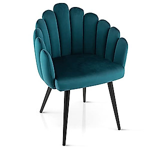 Giantex Modern Mid-Century Dining Chair - Cute Velvet Armchair with 16” High Back, 330lb Capacity, Accent Upholstered Arm Dining Chairs for Bedroom, Living Room, Small Space, Teal Blue