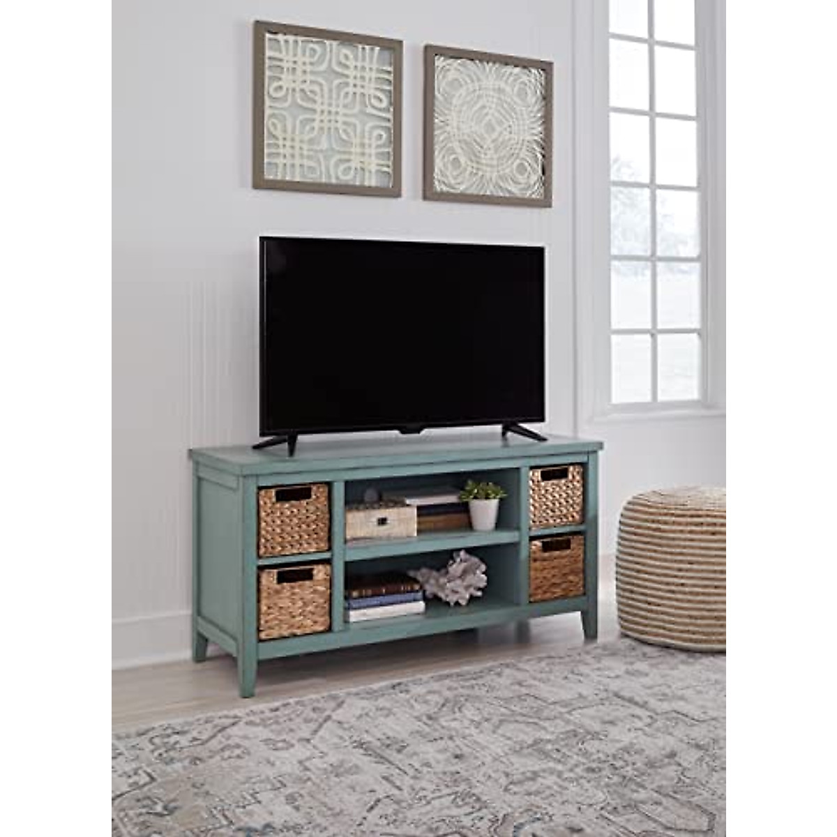 Signature Design by Ashley Mirimyn Casual TV Stand for TVs up to 54" with 4 Baskets and 3 Adjustable Shelves, Green & Light Brown