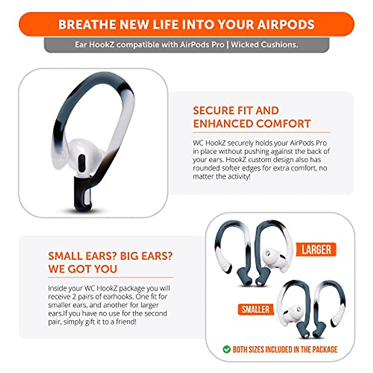WC HookZ Combo Pack - Upgraded Over-Ear Hooks for AirPods Pro - 2 Pairs of Large & Small Size Included in Package Made by Wicked Cushions | Navy Blue & Mixed Marble