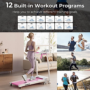GYMAX Foldable Treadmill, Freestanding Easy Assembly Folding Treadmill with 12 Preset Programs, LCD Monitor, Built-in Wheels & Pulse Sensor, Portable Compact Running Machine for Small Space (Pink)