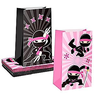 24 Pcs Ninja Party Favor Bags Birthday Ninja Goodie Bags Ninja Birthday Party Supplies Candy Bags Ninja Themed Birthday Treat Bags Goody Bags for Kids Boy Girl Ninja Party Decorations(Pink, Black)