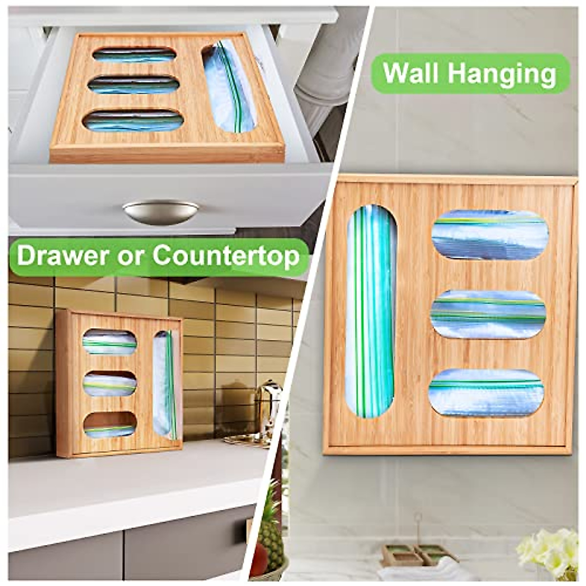 keleywood Bamboo Bag Storage Organizer for Kitchen Drawer, Ziplock Bag Organizer, Compatible with Gallon, Quart, Sandwich and Snack Variety Size Bag