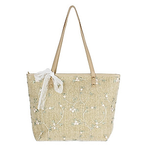 Goclothod Women Flower Embroidered Straw Handbag Lace Woven Large Shoulder Bag Summer Beach Purse