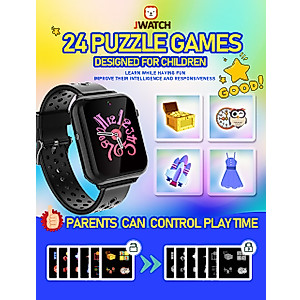 Jwatch Kids Smart Watch Phone Sos with 10 Stories 24 Puzzle Games Pedometer Boys Girls Gift for Birthday Christmas （Black）