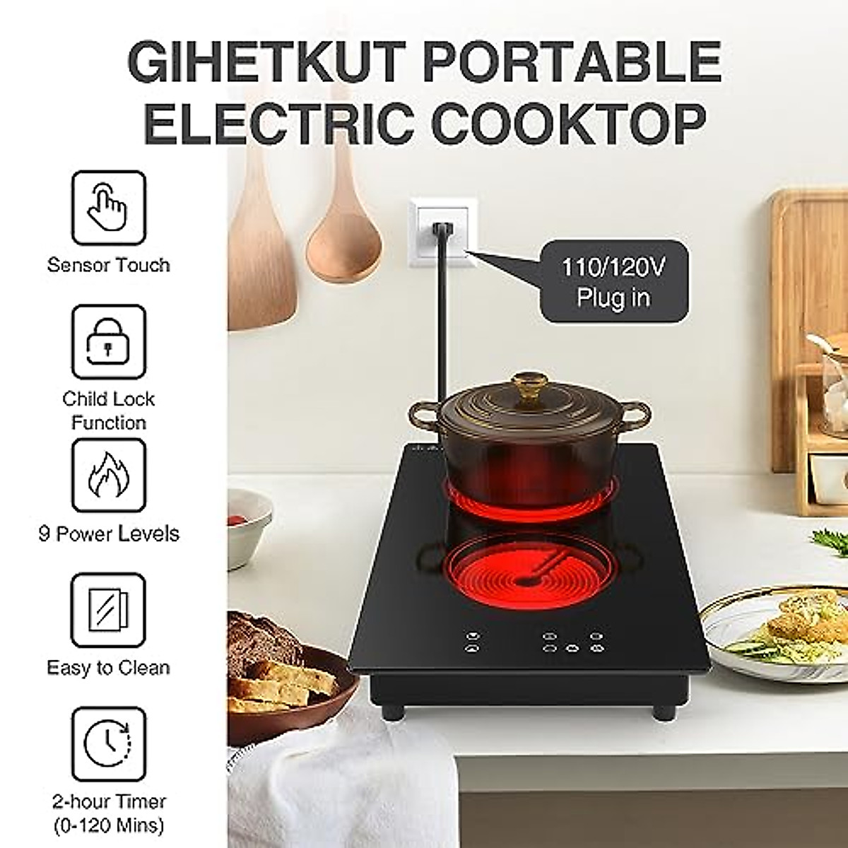 GIHETKUT Electric Cooktop,Built-in and Countertop Electric Stove Top, 2100W 110V induction Cooktop, 9 Heating Level, Timer & Kid Safety Lock, Sensor Touch Control