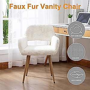 SSLine Faux Fur Vanity Chair Elegant White Furry Makeup Desk Chairs for Girls Women Modern Comfy Fluffy Arm Chair with Wood Look Metal Legs in Bedroom Living Room