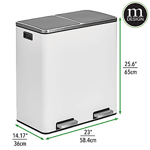 mDesign Metal Steel 16 Gallon/60-Liter, Large Dual Compartment Step Trash Can; Double Bin Trash Can/Recycler Combo for Kitchen; Holds Garbage, Recycling; Features Two Removable Liner Buckets - White