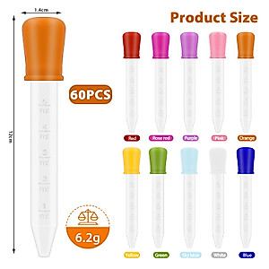 CXIIPOL 60PCS 5ml Liquid Dropper with a Clean Brush, 10 Color Silicone Liquid Dropper with Bulb Tip, Clear Eye Dropper Medicine Dropper for Kid Crafts Mold Gummy Making Kitchen Oil Science