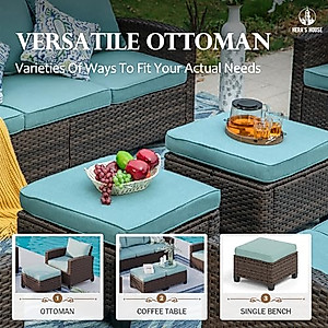 HERA'S HOUSE Patio Furniture Sets, Outdoor Wicker Furniture Set with 56" Fire Pit Table, 8 Pieces Sectional Conversation Sofa Set with Ottomans for Garden Poolside Backyard, Brown Rattan Blue Cushions