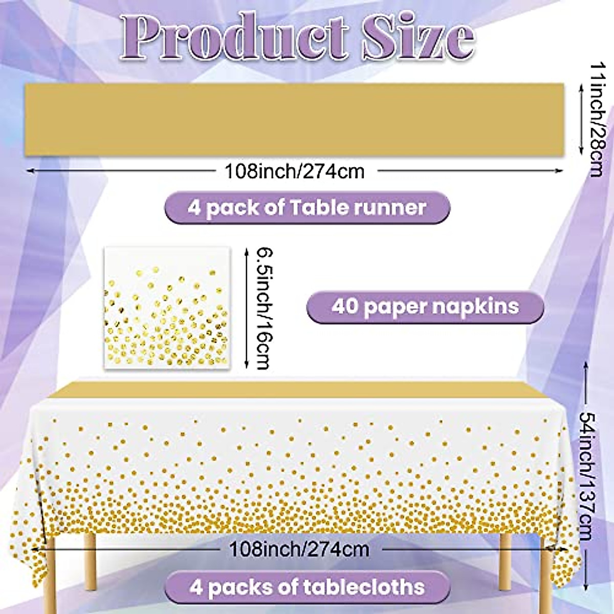 4 Pack Disposable Plastic Gold Tablecloths 54"X108" and 4 Pack Satin Table Runner 12"x 108" with 40 PCS Dinner Paper for Wedding Birthday Valentine’s Day Graduation Baby Shower Holiday