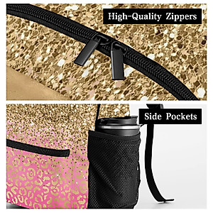 Urcustom Custom Kid Backpack, Glitter Gold Leopard Personalized Name School Bookbag, Customization Casual Bookbags for Student Girls Boys