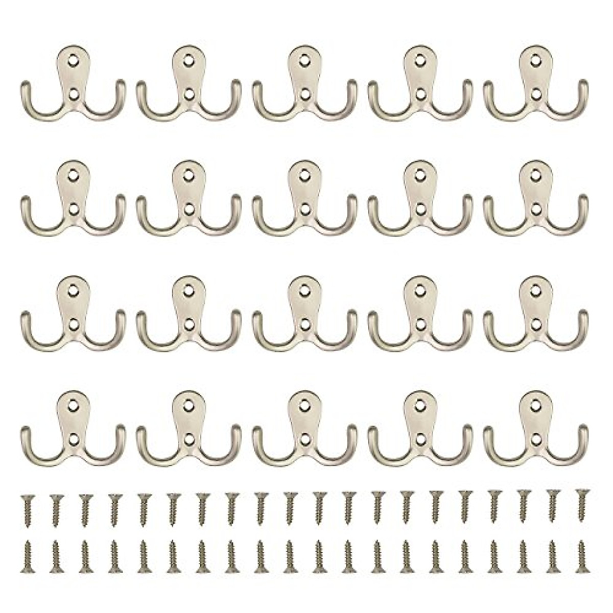 HOVEOX 20 Pcs Double Prong Robe Hook Retro Towel Cloth Hanger Wall Hat Jewelry Hooks Rustproof Rustic Hooks Heavy Duty Hardware Decorative Utility Hooks & 40 Pcs Screws & a Free Screwdriver, Silver