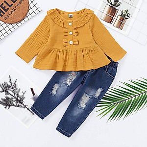 18 Months Girl Clothes Toddler Baby Girl Outfits Fall Long Sleeve Top Ripped Jeans Set Winter Baby Girl Clothes 18-24 Months Yellow
