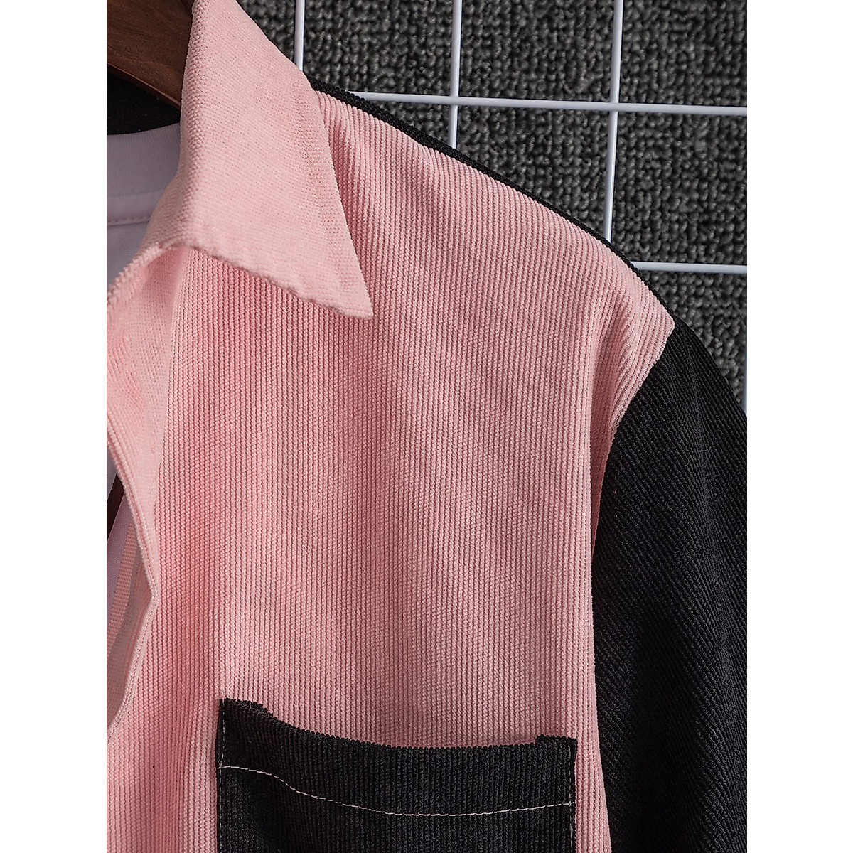 Milumia Men's Casual Button Up Shirt Pocket Short Sleeve Colorblock Blouse Tops Pink and Black Large