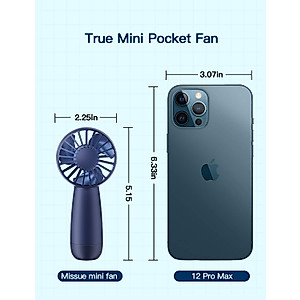 MISSUE Mini Handheld Fan, Portable Battery Operated Fan with Lanyard, Personal Pocket Fan with 3000mAh Rechargeable Battery, 5-10 Hrs Running Time, Navy Blue