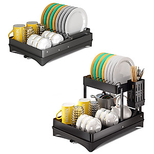 PXRACK Dish Drying Rack,Stainless Steel Dish Racks for Kitchen Counter Two Tier Collapsible Dish Racks for Storage Dishes Foldable Dish Drainer with Utensil Holder Organizer Dryer with Drainboard