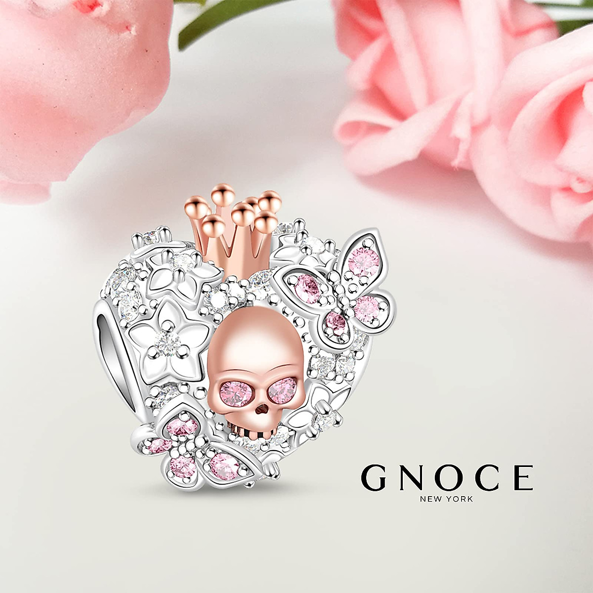 GNOCE Heart Skull Charm 925 Sterling Silver Rose Gold Plated Skull Queen & Butterfly Bead Charms Fits Bracelets Necklaces for Women